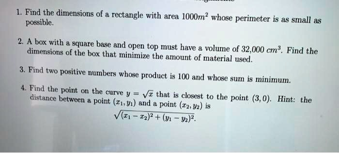 SOLVED: Find the dimensions of a rectangle with an area of 1000mÂ² whose possible perimeter is ...