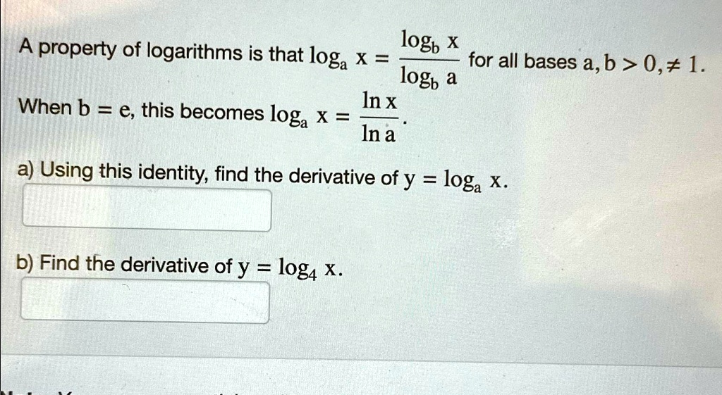 A property of logarithms is that x = ( x)/( a) for all bases a, b > 0 ...