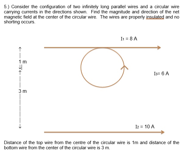 5 consider the configuration of two infinitely long parallel wires and a circular wire carying ...