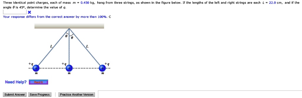 SOLVED: Three identical point charges, each of mass m = 0.450 kg, hang from three strings, as ...