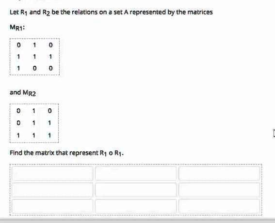 SOLVED: Let R1 and R2 be the relations on set A represented by the ...