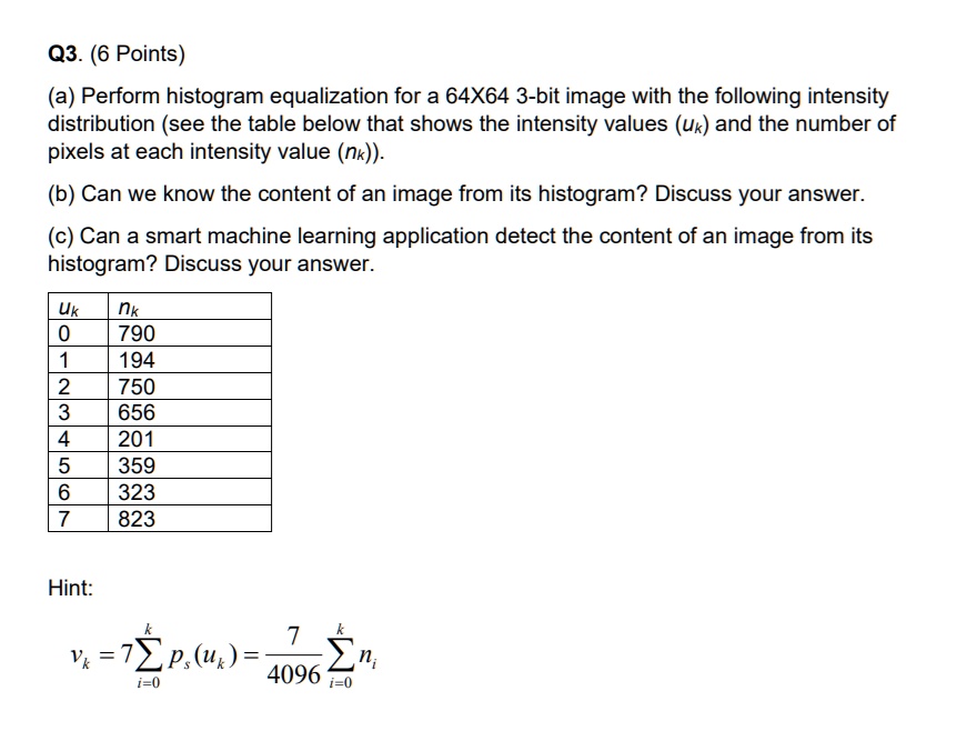 Q3. (6 Points) (a) Perform histogram equalization for a 64X64 3-bit ...
