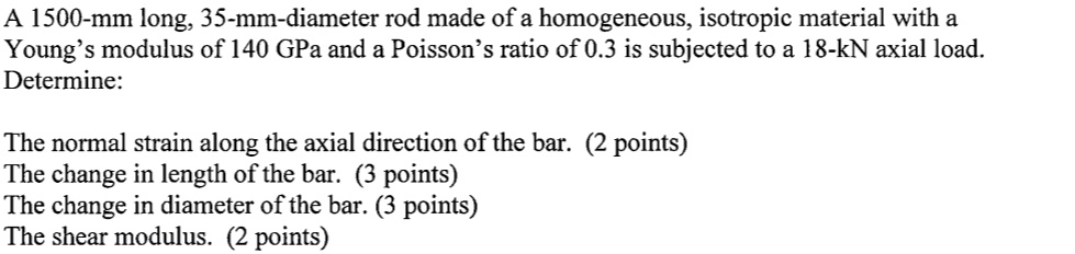 SOLVED: A 1500-mm long, 35-mm diameter rod made of a homogeneous, isotropic material with a ...