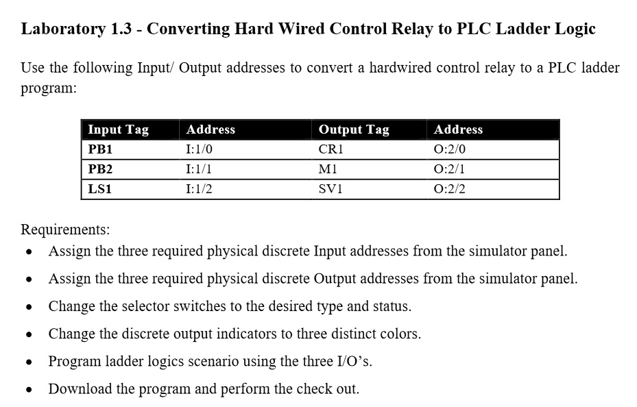 Laboratory 1.3 - Converting Hard Wired Control Relay to PLC Ladder ...