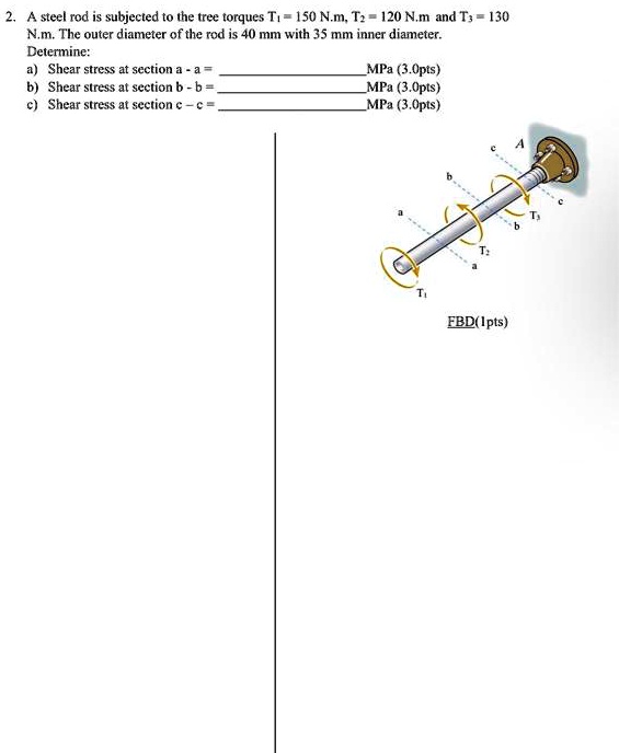 SOLVED: A steel rod is subjected to three torques T=150 N.m, T=120 N.m ...
