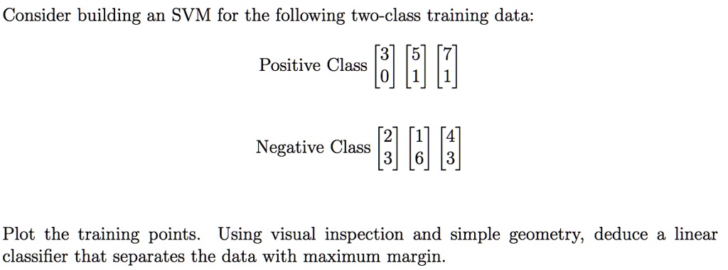 Consider building an SVM for the following two-class training data ...