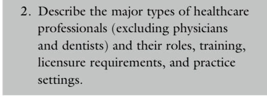 describe the major types of healthcare professionals excluding ...