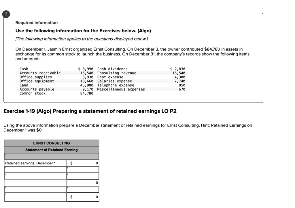 Exercise 1-19 (Algo) Preparing a statement of retained earnings LO P2 Using the above ...