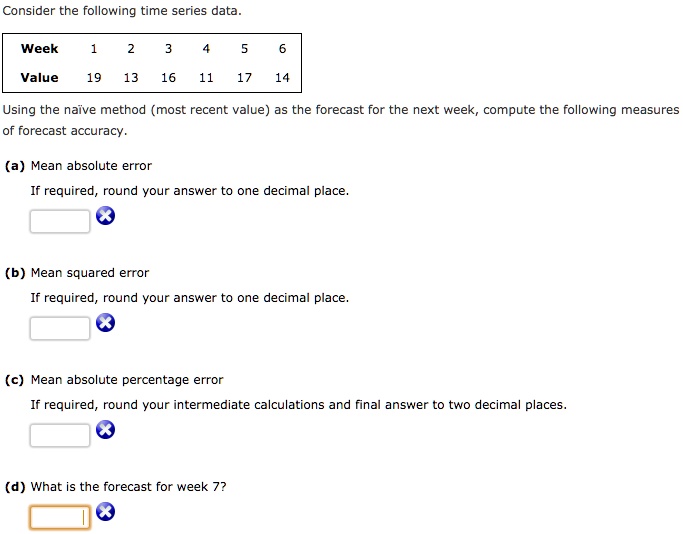 SOLVED: Consider the following time series data Week Value 13 Using the naive method (most ...