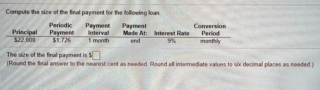 SOLVED: Compute the size of the final payment for the following loan ...