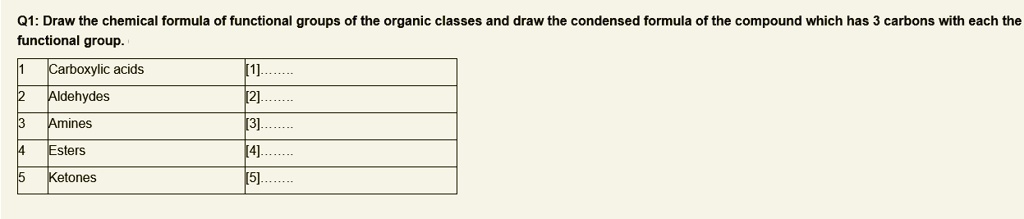 SOLVED: Q1: Draw the chemical formula of functional groups of the organic classes and draw the ...
