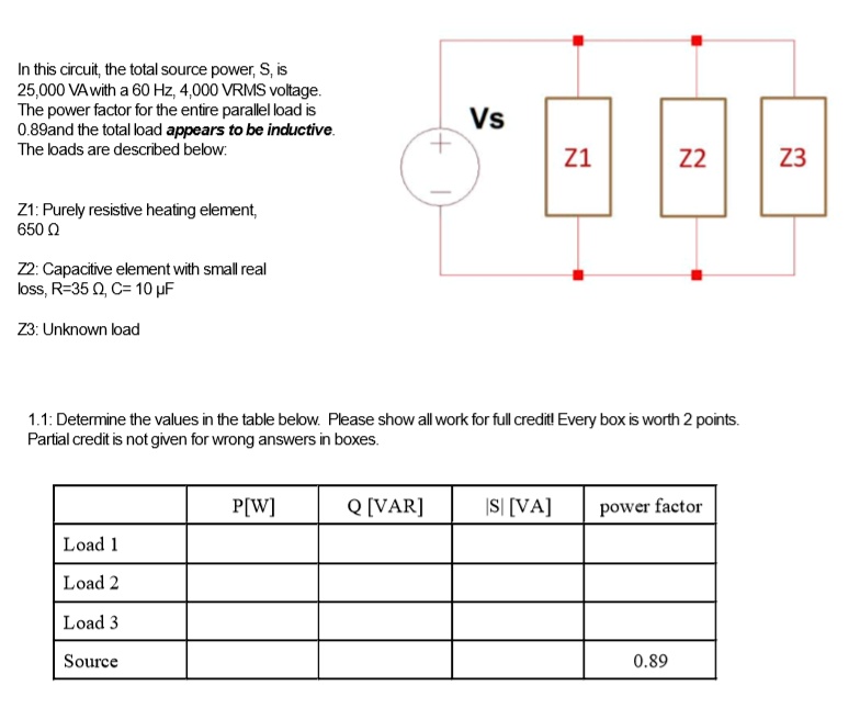 SOLVED: In this circuit, the total source power, S, is 25,000 VAwith a ...
