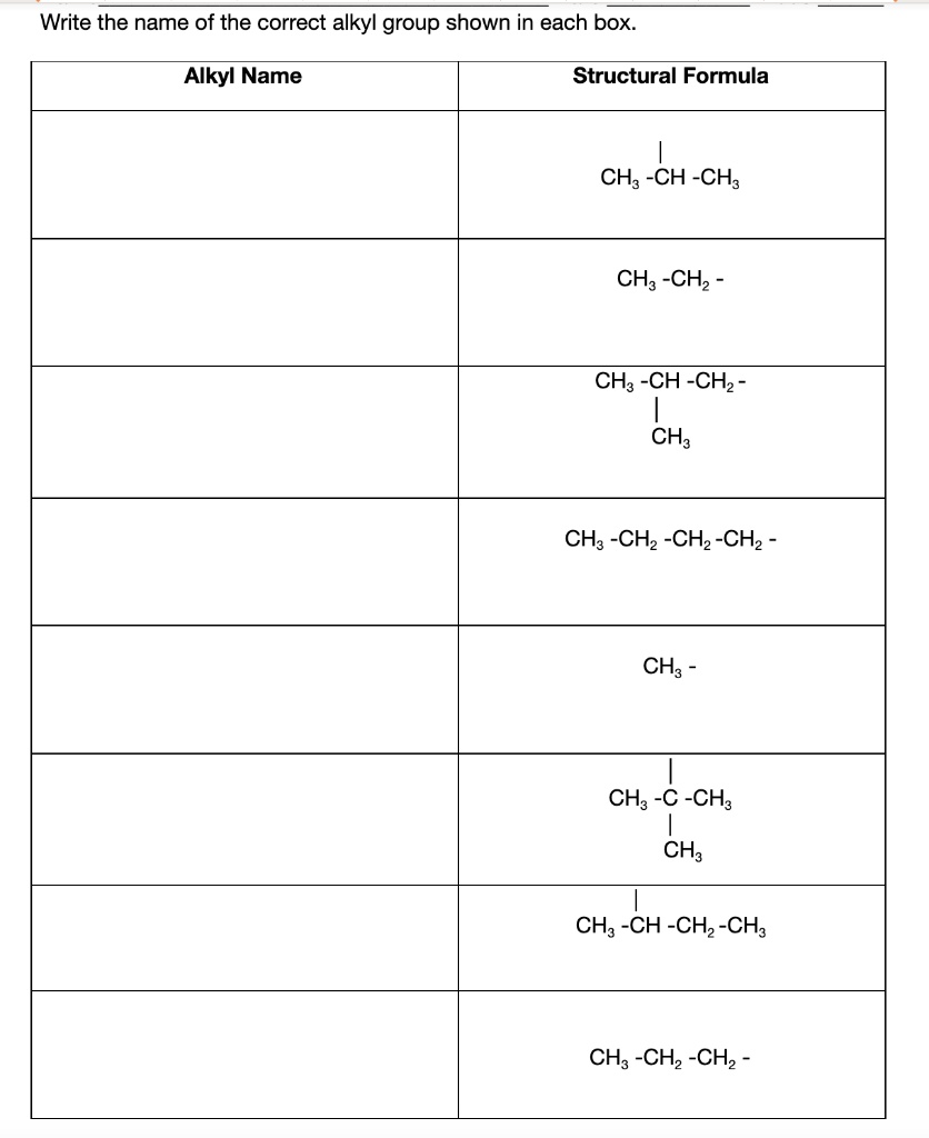 SOLVED:Write the name of the correct alkyl group shown in each box ...