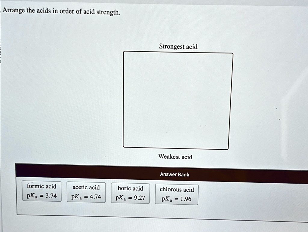 SOLVED: Arrange the acids in order of acid strength. Strongest acid ...