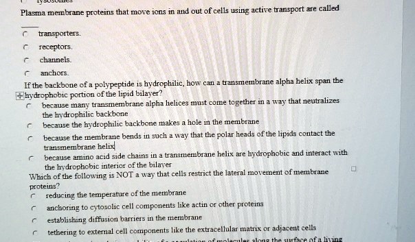 SOLVED: Plasma membrane proteins that move ions of cells using active ...