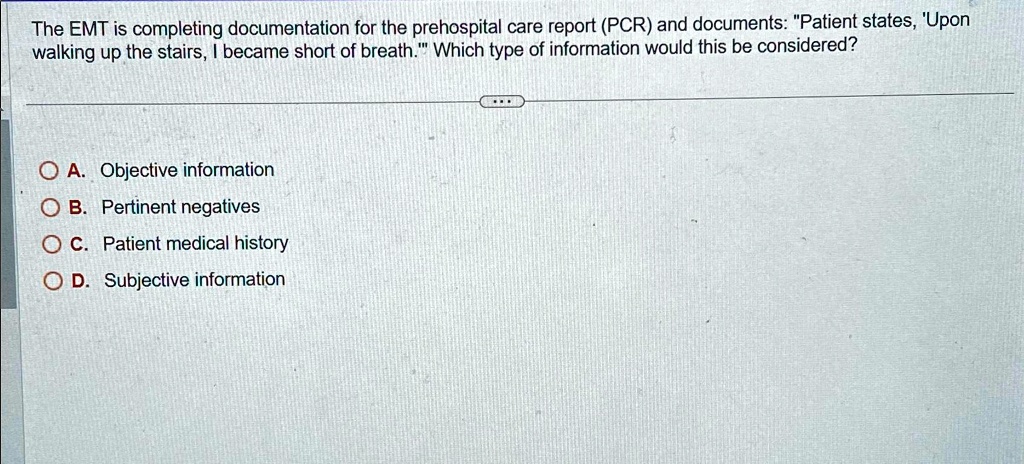 the emt is completing documentation for the prehospital care report pcr ...