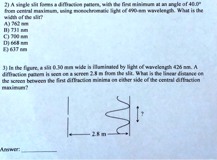 SOLVED: 2) A single slit forms a diffraction pattern with the first minimum at an angle of 40.09 ...