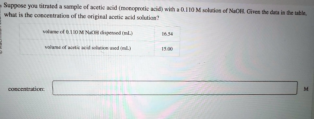 SOLVED: Suppose you titrated a sample of acetic acid (monoprotic acid with a O.110 M solution of ...