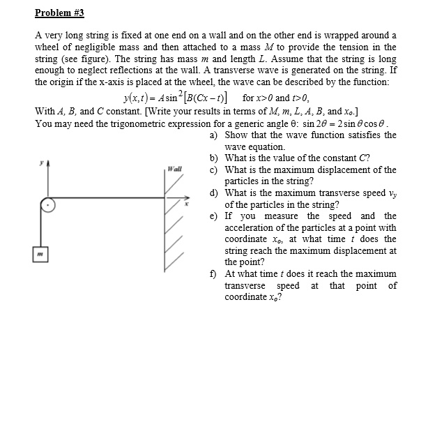SOLVED: Problem #3 A very long string is fixed at one end on a wall and ...
