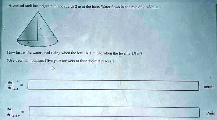 SOLVED: A conical tank has height 3 m and radius 2 m at the base. Water ...