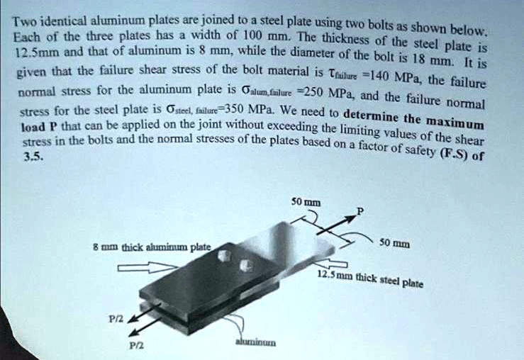 two identical aluminum plates are joined to a steel plate using two ...