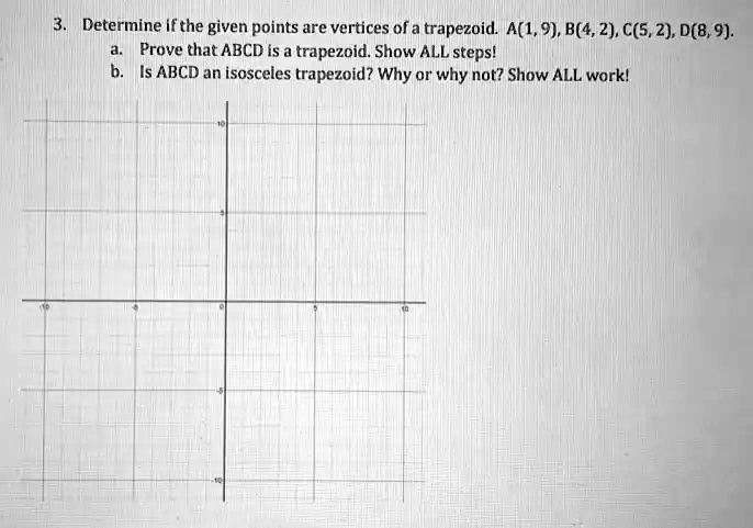 Determine if the given points are vertices of a trapezoid. A(1,9), B(4 ...