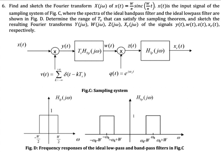 6. Find and sketch the Fourier transform X(jω) of x(t) = (W)/(π)sinc((W)/(π)t). x(t) is the ...