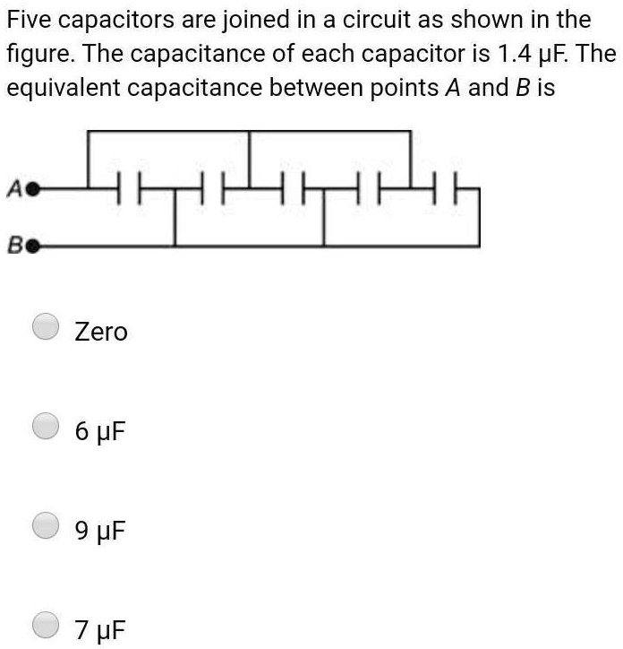 Five capacitors are joined in a circuit as shown in the figure. The ...