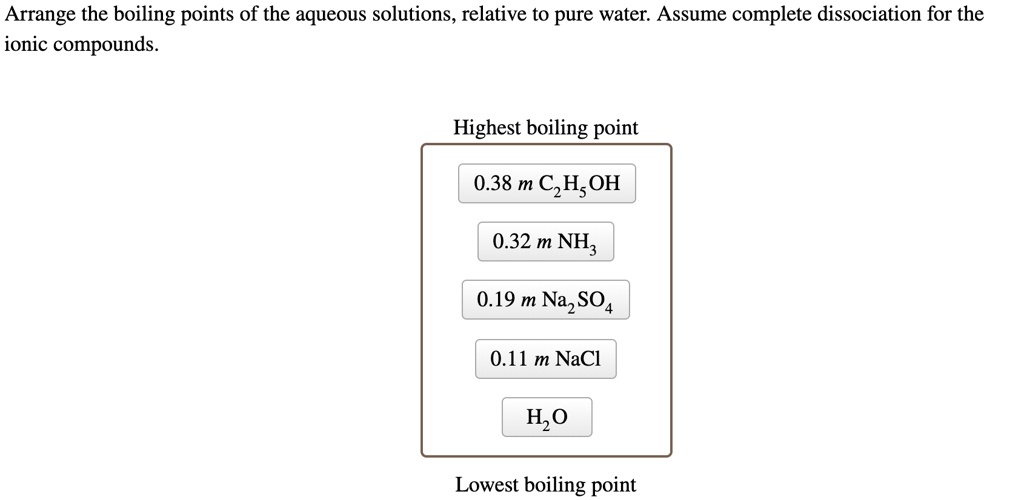 arrange the boiling points of the aqueous solutions relative to pure water assume complete ...