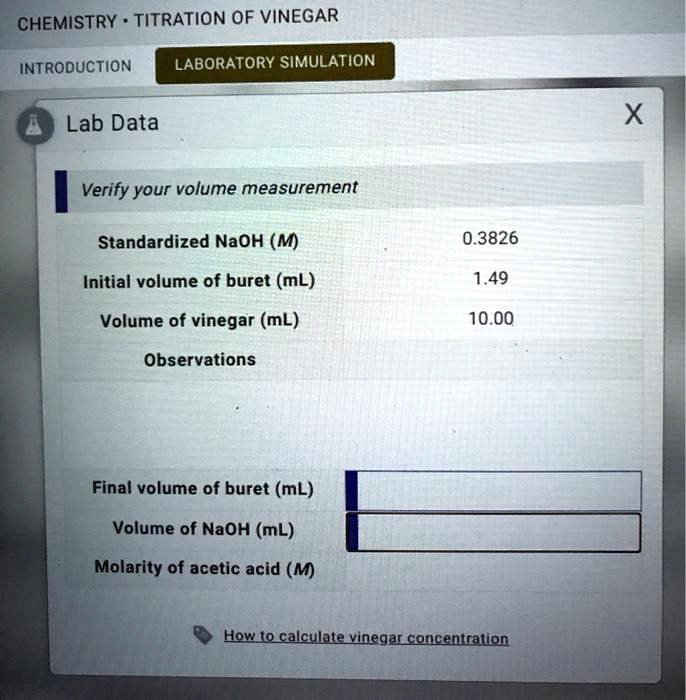 SOLVED: CHEMISTRY TITRATION OF VINEGAR IntRODUCTION LABORATORY SIMULATION Lab Data X Verify your ...