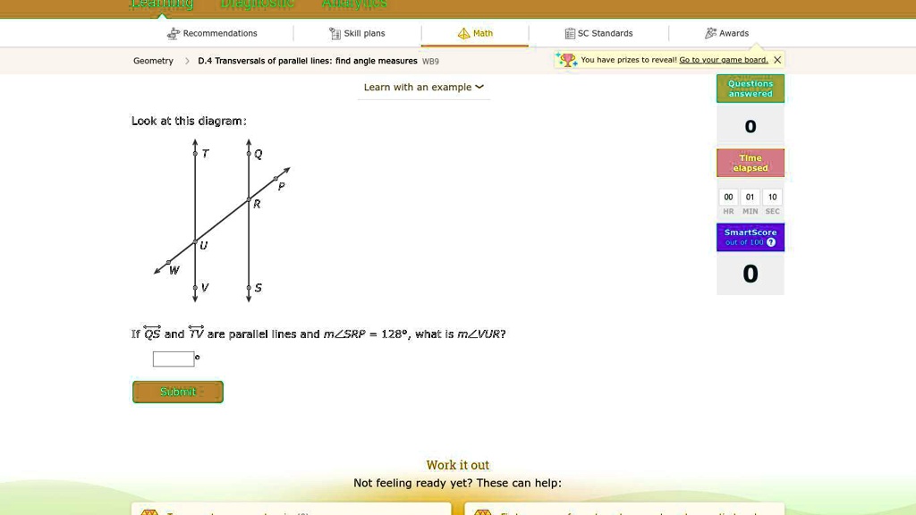 SOLVED: Look at this diagram. If QS and TV are parallel lines and mSRP = 128Â°, what is mVUR ...