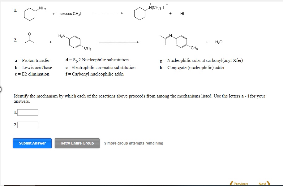 SOLVED: NHz excess CH3I H2O CH3I CH3I Proton transfer d = SN2 Nucleophilic substitution e ...