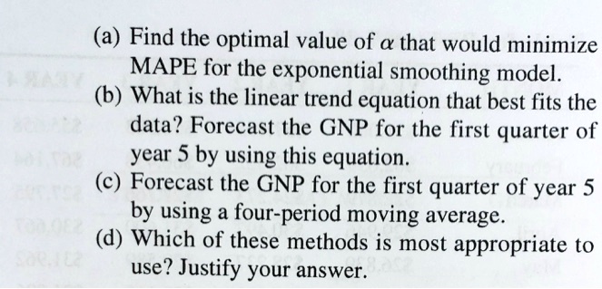 SOLVED: (a) Find the optimal value of a that would minimize MAPE for ...