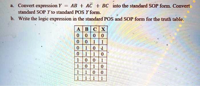 a. Convert expression Y = AB + AC + BC into the standard SOP form. Convert standard SOP Y to ...