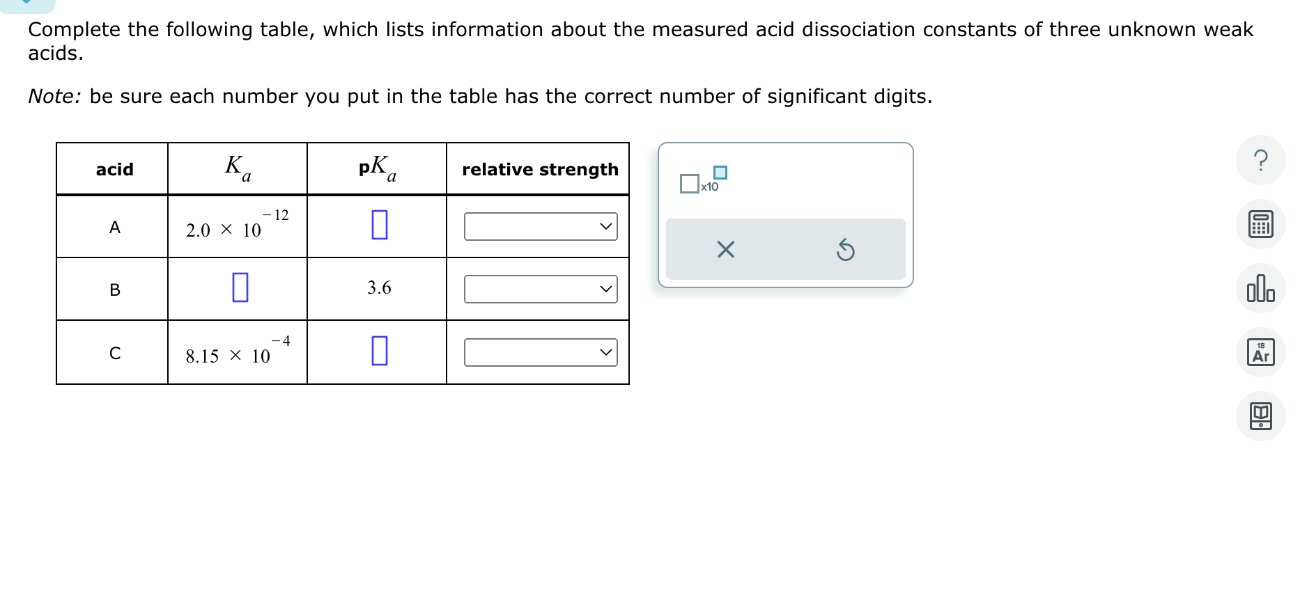 SOLVED: Complete the following table, which lists information about the measured acid ...