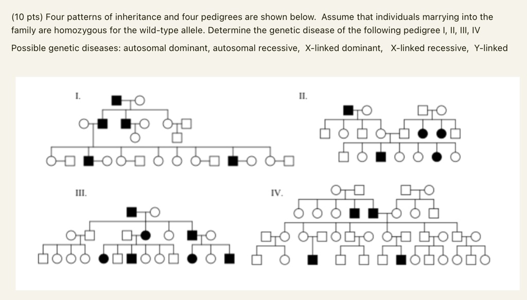 Four patterns of inheritance and four pedigrees are shown below. Assume ...