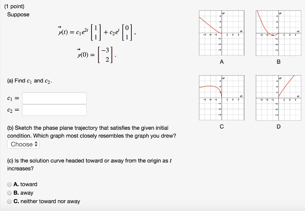 SOLVED: point) Suppose w)-ce [] + C2e' [% 7o) = [-2]; (a) Find C1 and ...
