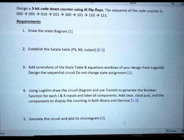 Design a 3-bit code down counter using JK flip-flops. The sequence of the code counter is: 000 → ...