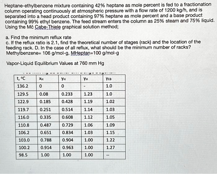 SOLVED: Heptane-ethylbenzene mixture containing 42% heptane as mole ...