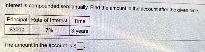 SOLVED: Interest is compounded semianually Find the amount in the ...
