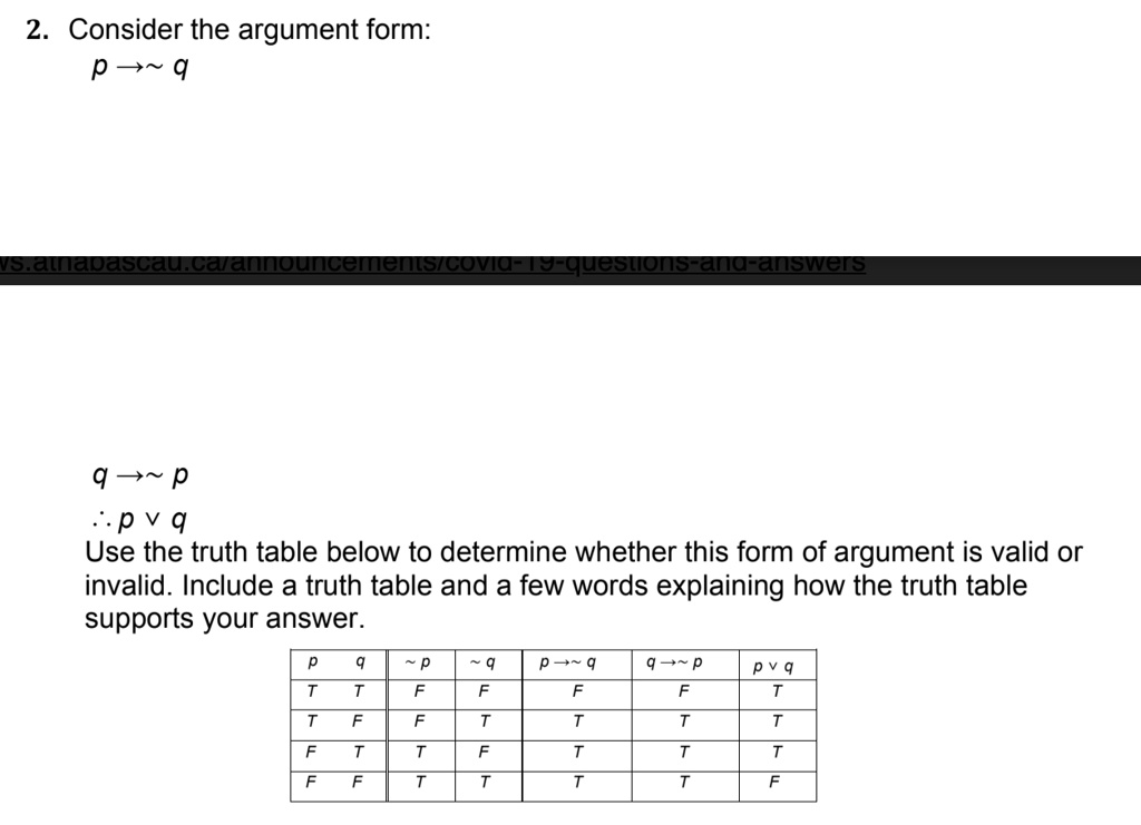 SOLVED: Consider the argument form: p â†’ q BHOREMEME q â†’ p p âˆ¨ q Use the truth table below ...