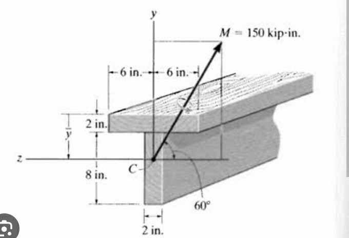 SOLVED: the t-beam is subjected to a moment of m=150 kip-in directed as ...