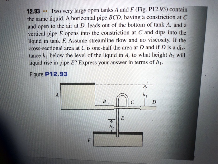 SOLVED: 12.93 Two very large open tanks A and F (Fig. P12.93) contain ...