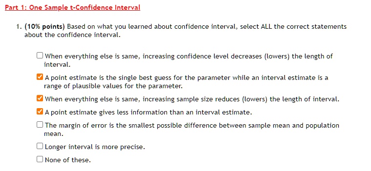 SOLVED: Part 1: One Sample t-Confidence Interval 1. (10% points) Based on what you learned about ...