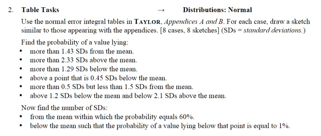SOLVED: Table Tasks Distributions: Normal Use the normal error integral ...