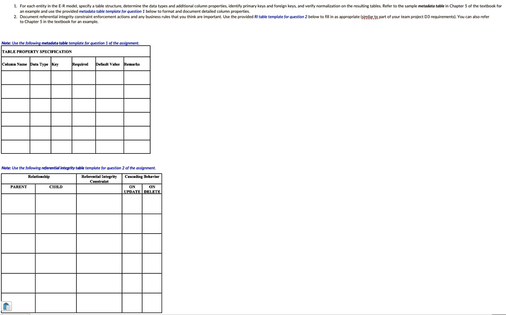 2. For each entity in the E-R model, specify a table structure ...