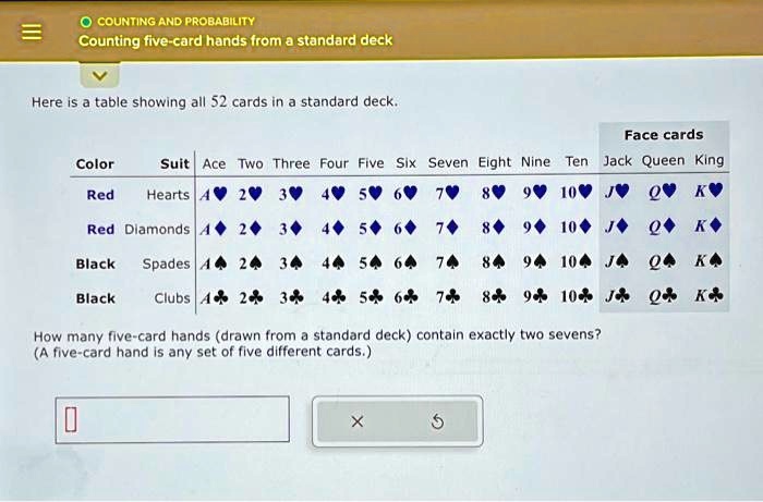 SOLVED: COUNTING AND PROBABILITY Counting five-card hands from a ...