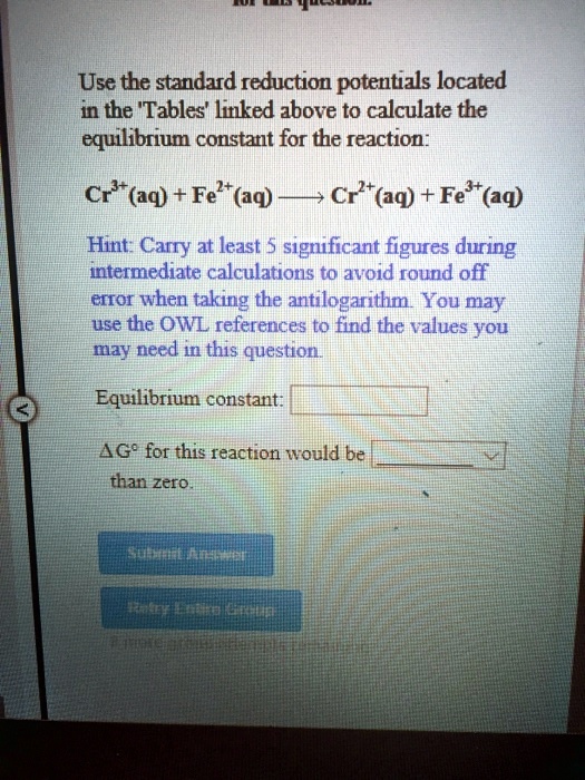 Use the standard reduction potentials located in the 'Tables' linked above to calculate the ...