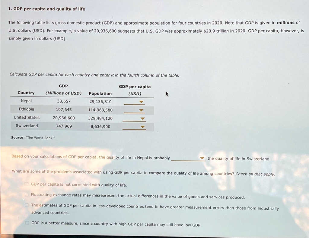 1. GDP per capita and quality of life The following table lists gross ...