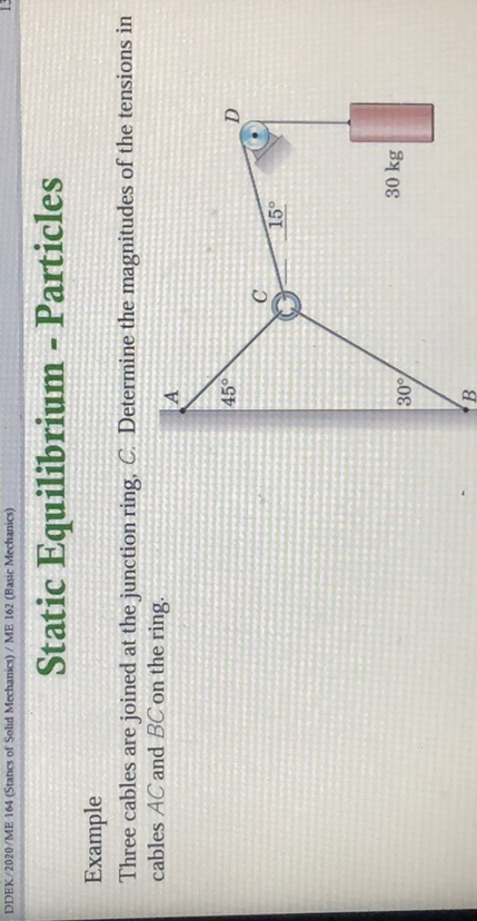 Static Equilibrium - Particles Example Three cables are joined at the junction ring, C ...